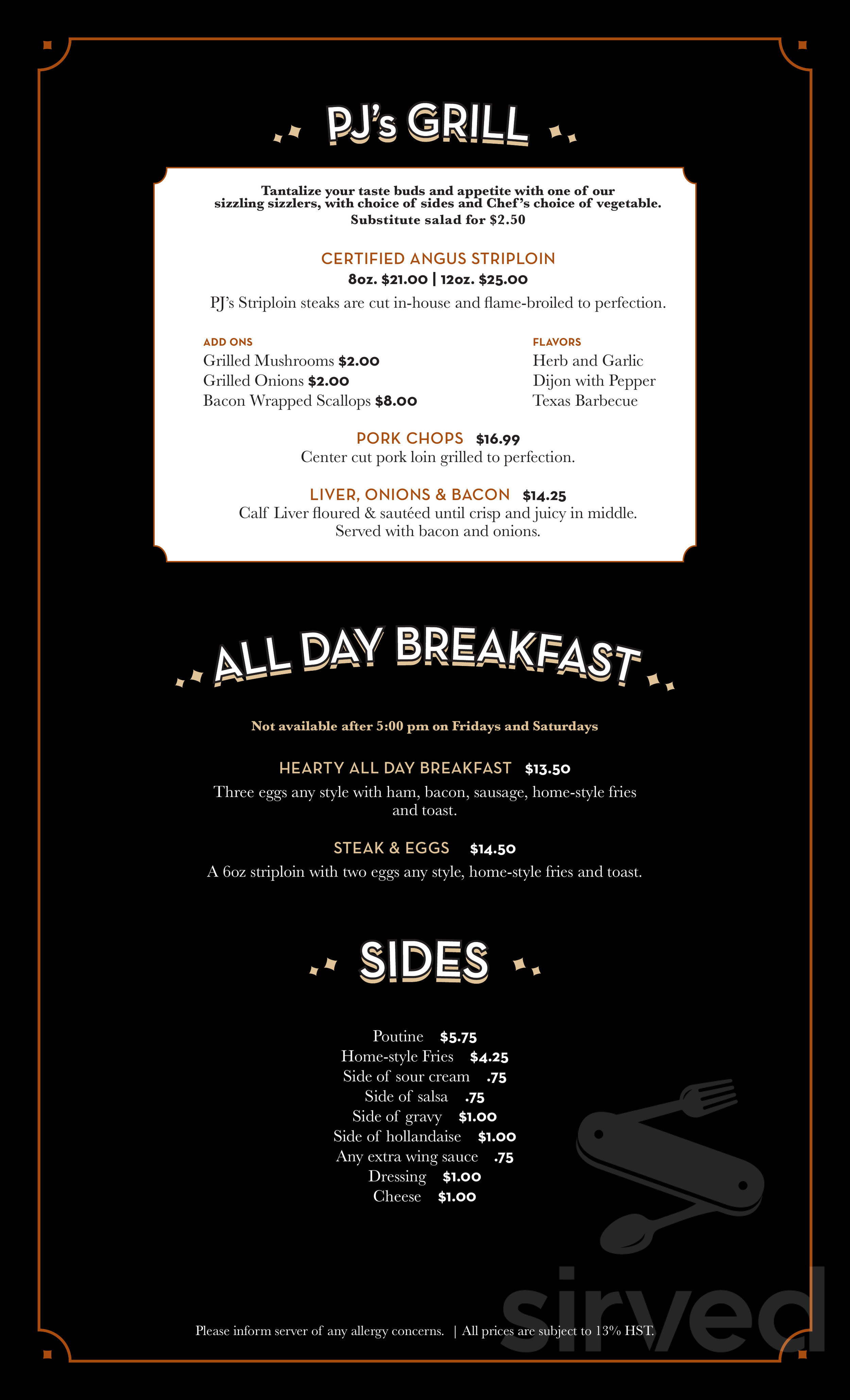 PJ Billington's menus in Marystown, Newfoundland and Labrador, Canada