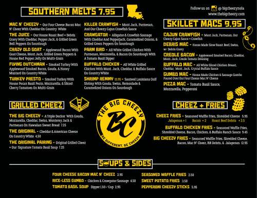 The Big Cheezy menu in Baton Rouge, Louisiana, USA