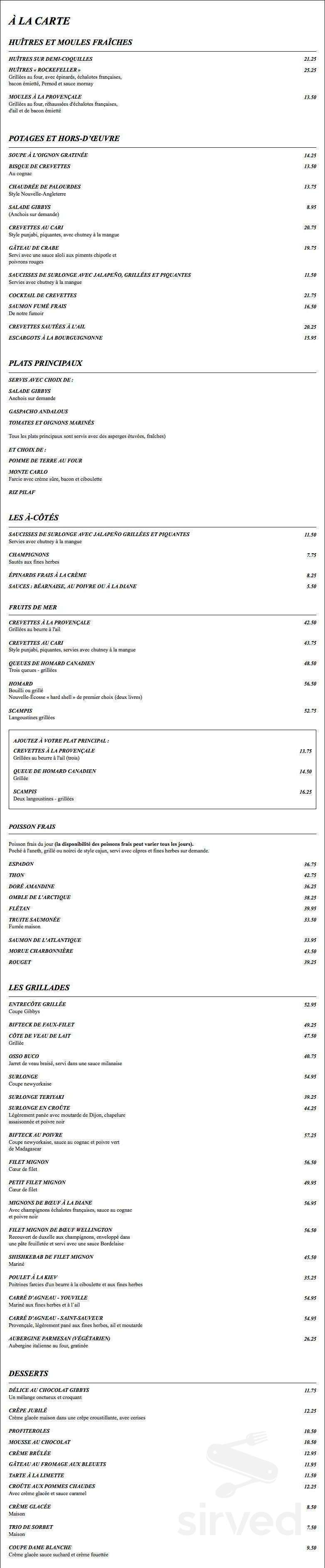 Gibbys menu in Saint-Sauveur, Quebec, Canada