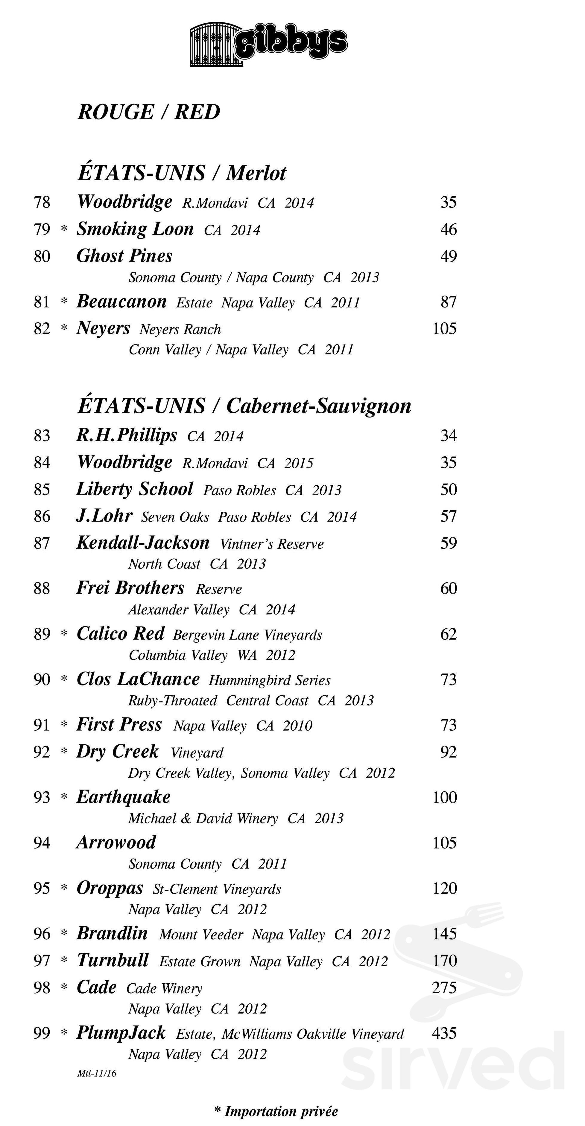 Gibbys menu in Montréal, Quebec, Canada