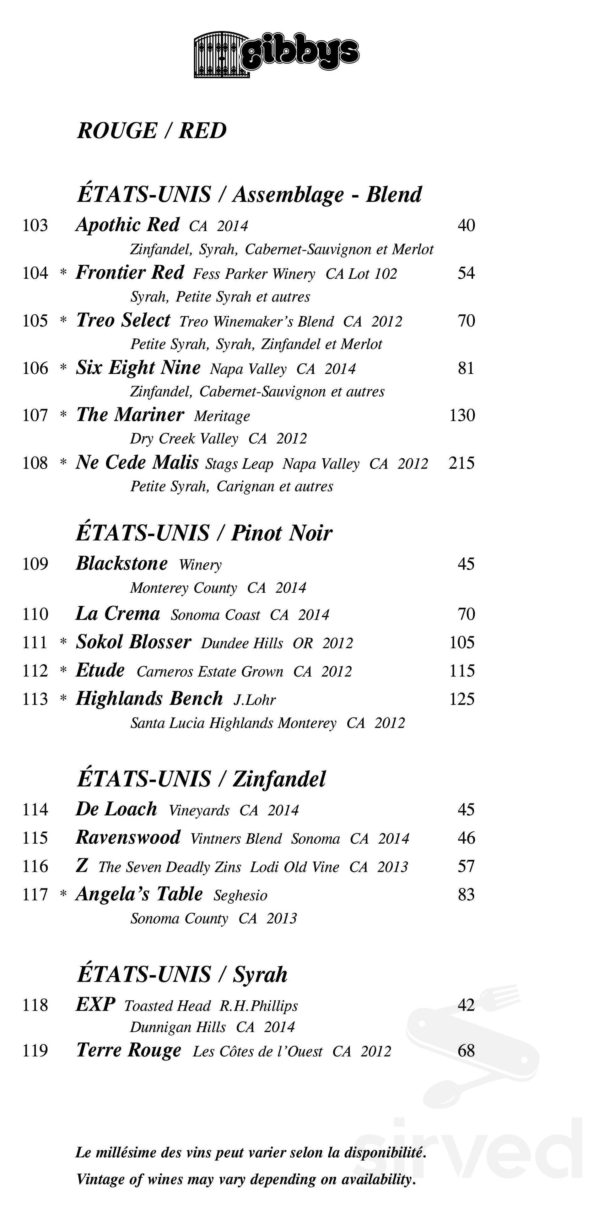 Gibbys menu in Saint-Sauveur, Quebec, Canada