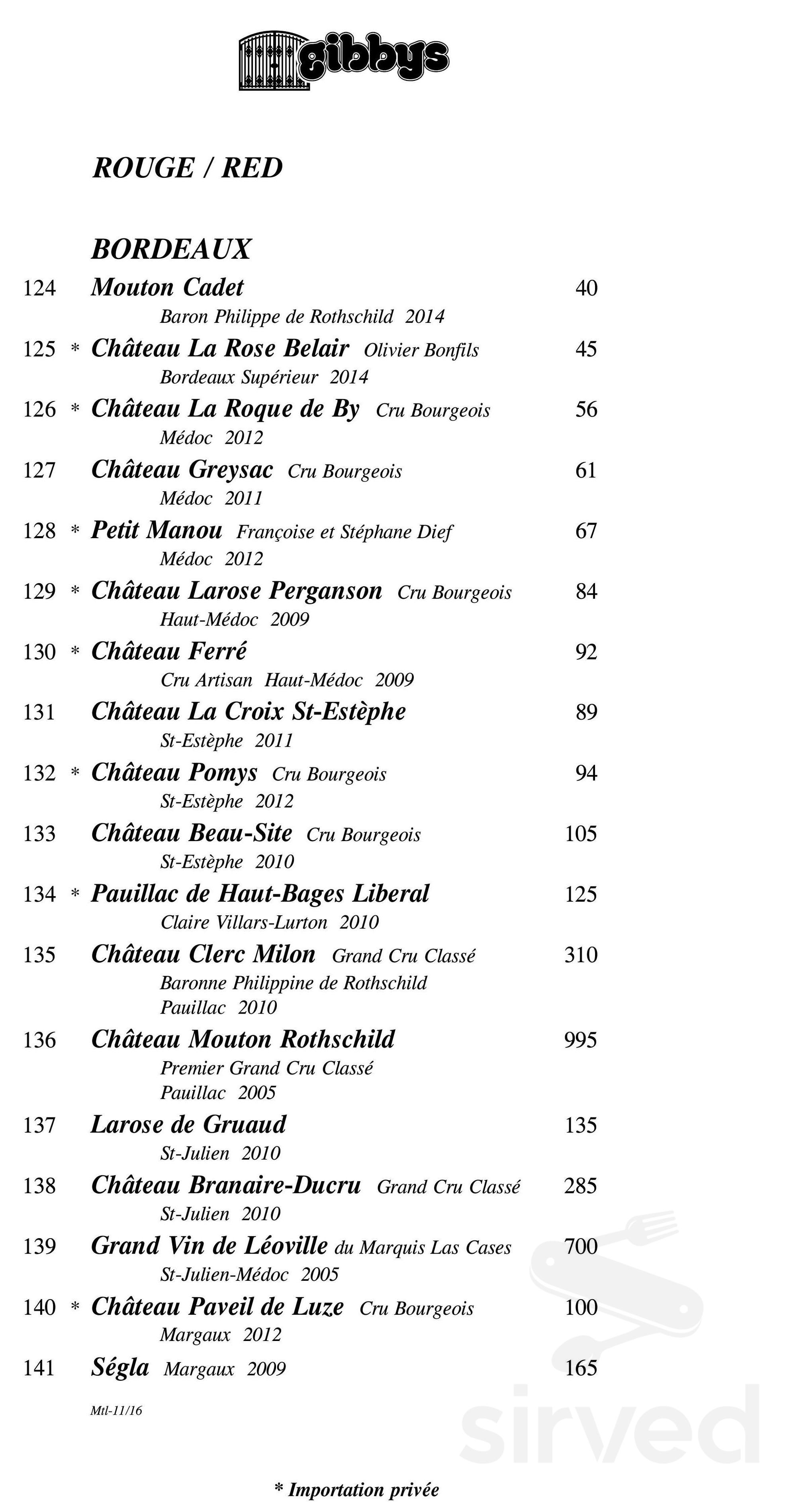 Gibbys menu in Saint-Sauveur, Quebec, Canada