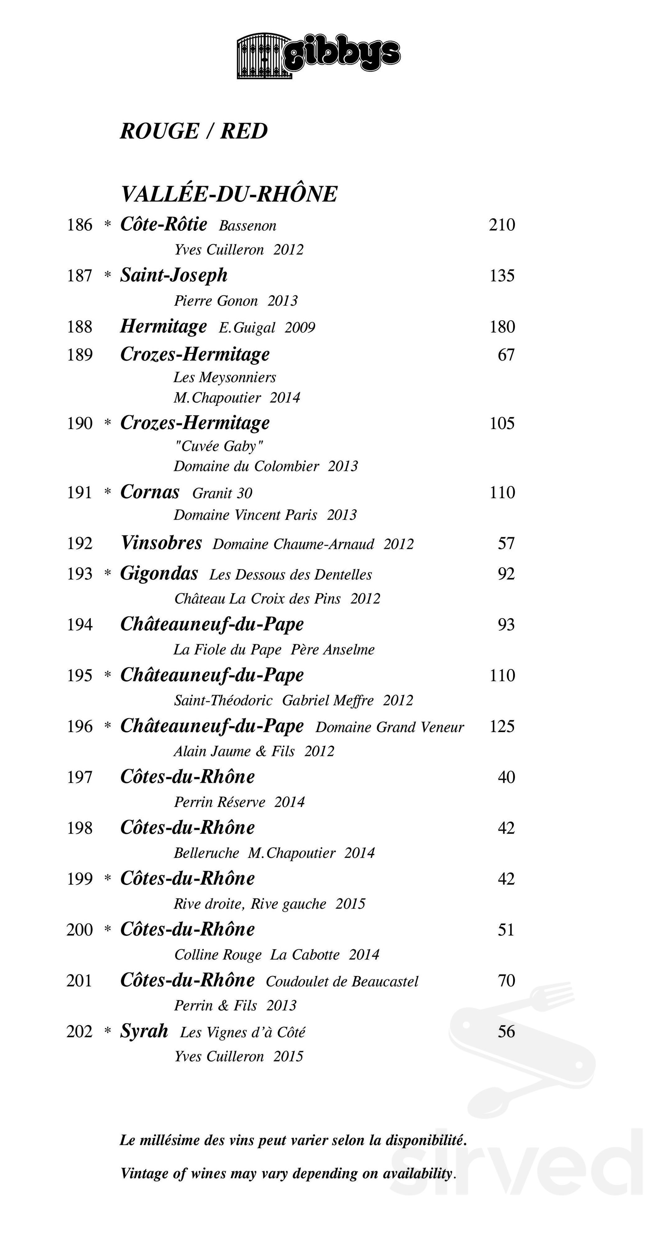 Gibbys menu in Montréal, Quebec, Canada