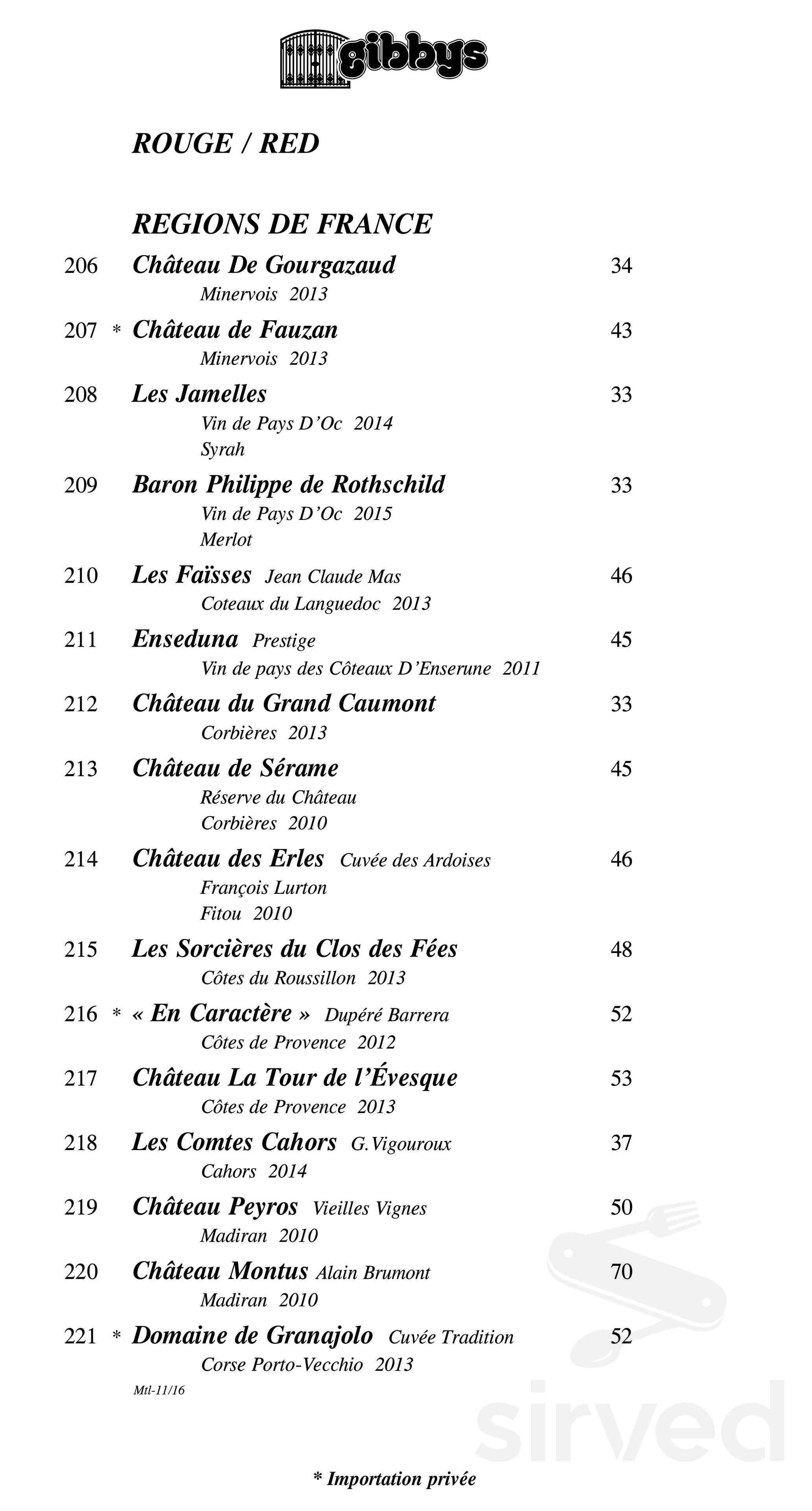 Gibbys menu in Saint-Sauveur, Quebec, Canada