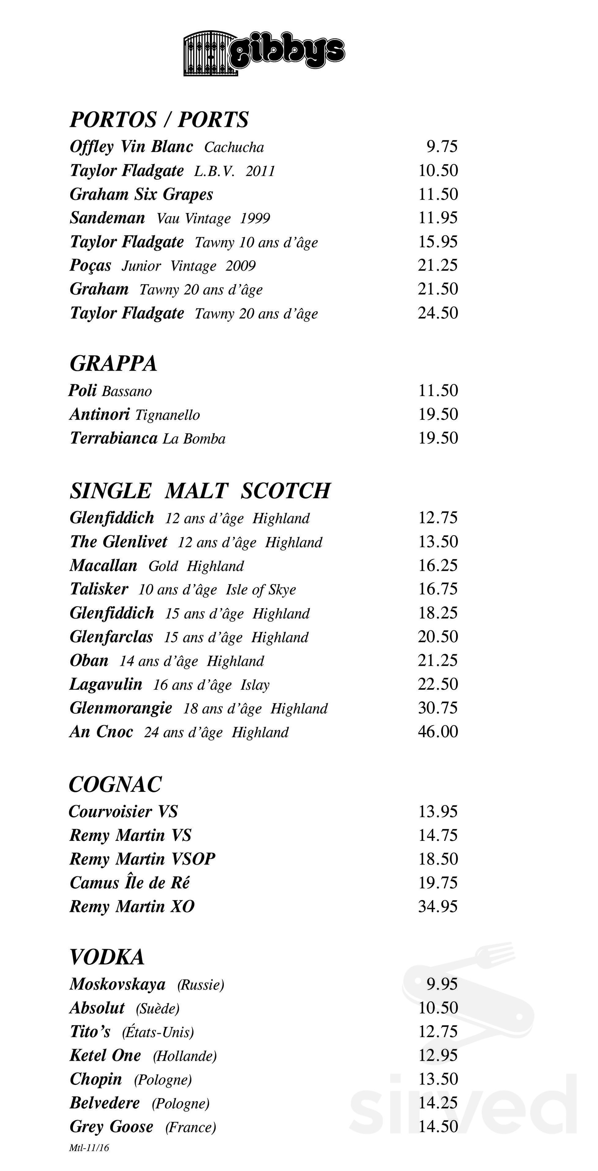 Gibbys menu in Saint-Sauveur, Quebec, Canada