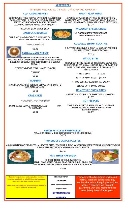 America's Roadhouse Express menu in Asheboro, North Carolina, USA