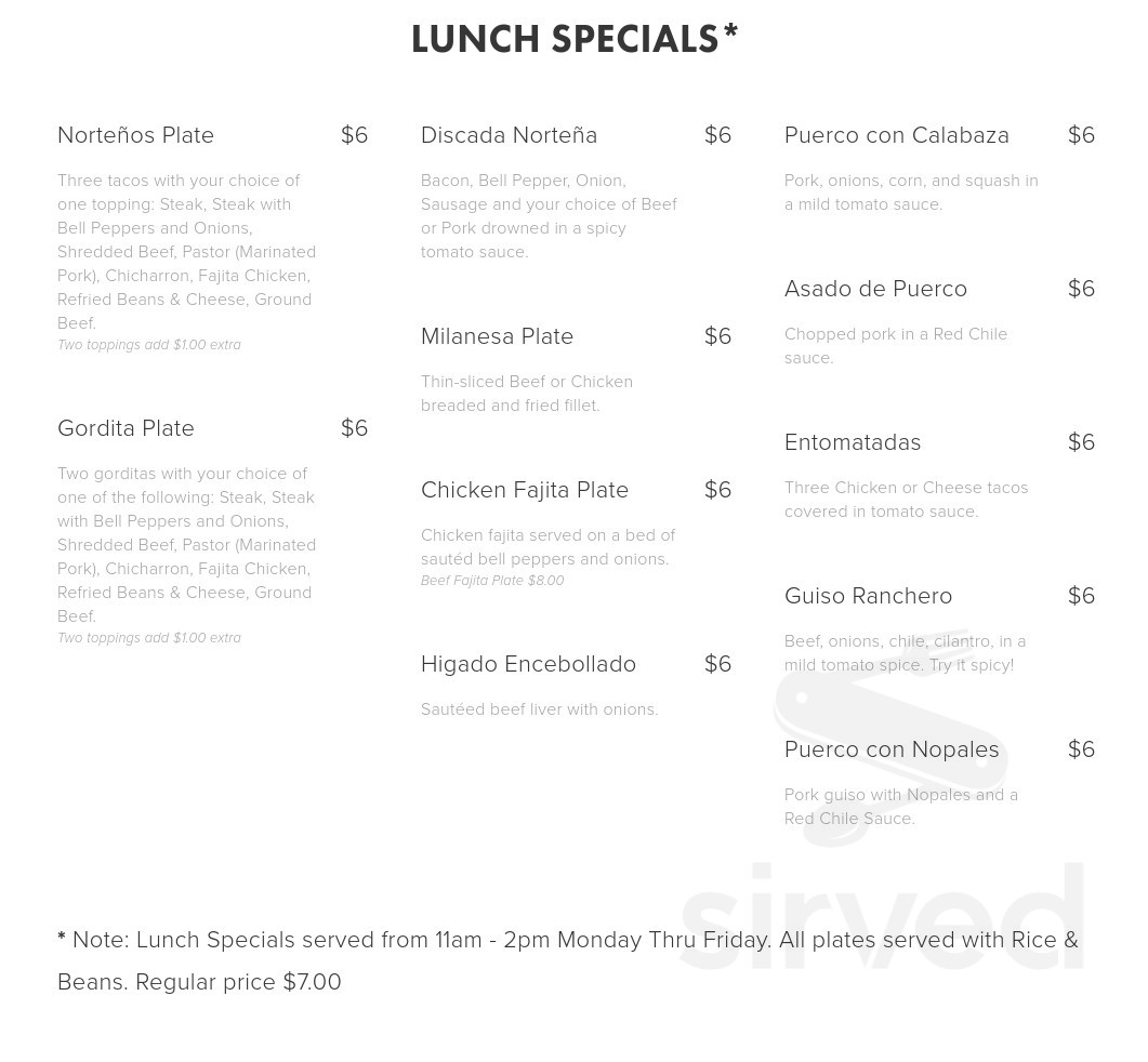Nortenos Mexican Food menu in Ennis, Texas, USA