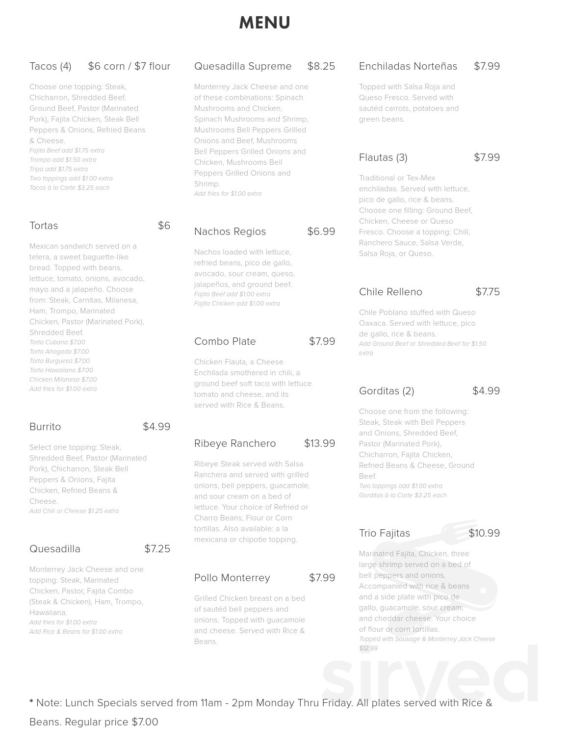 Menu - Ennis TX's Nortenos Mexican Food | Sirved