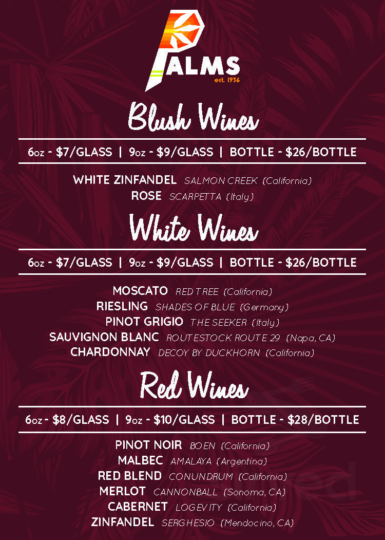 The Palms Supper Club menu in Weston, Wisconsin, USA