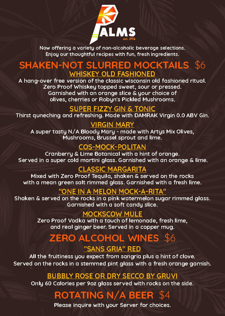 The Palms Supper Club menu in Weston, Wisconsin, USA