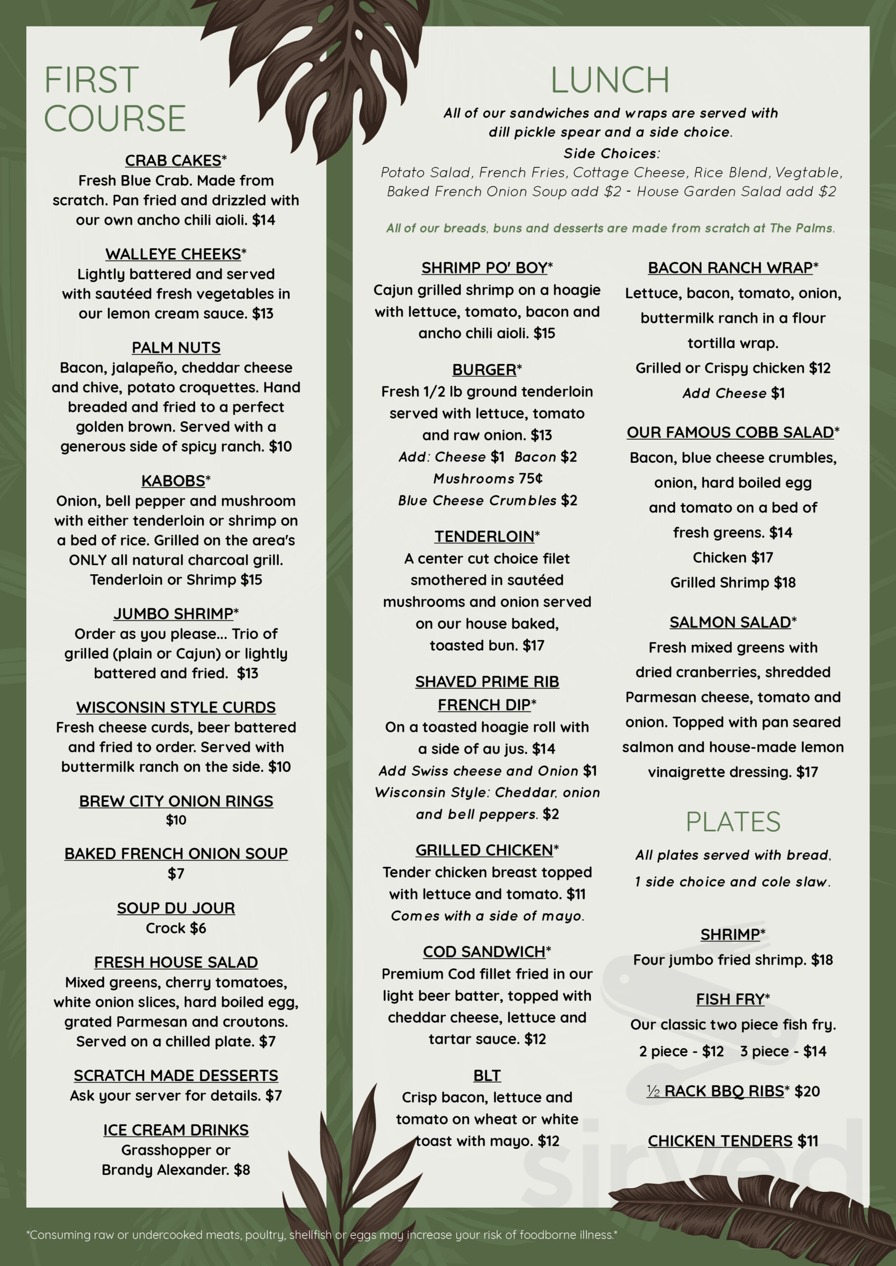 The Palms Supper Club menu in Weston, Wisconsin, USA