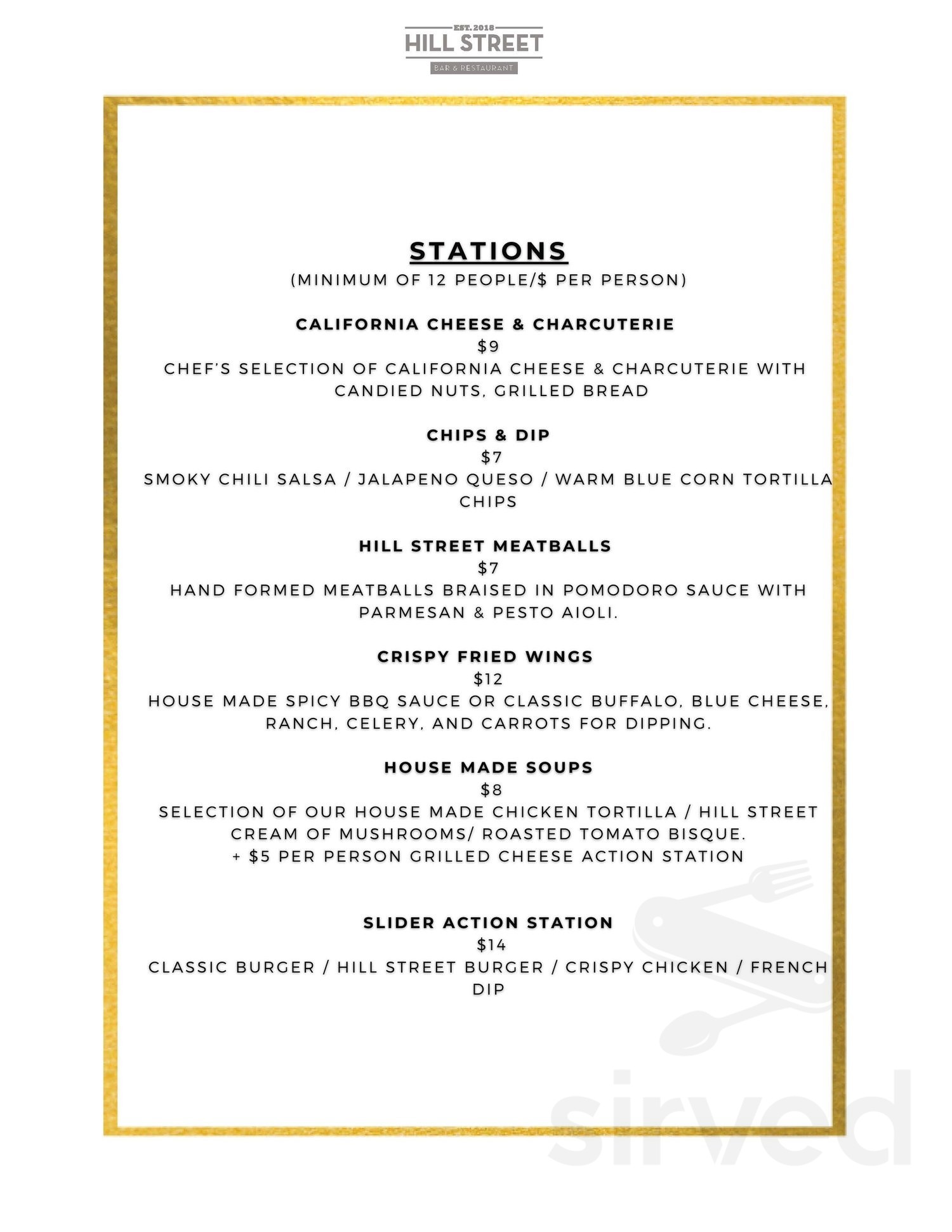 Hill Street Bar & Restaurant menu in Los Angeles, California, USA