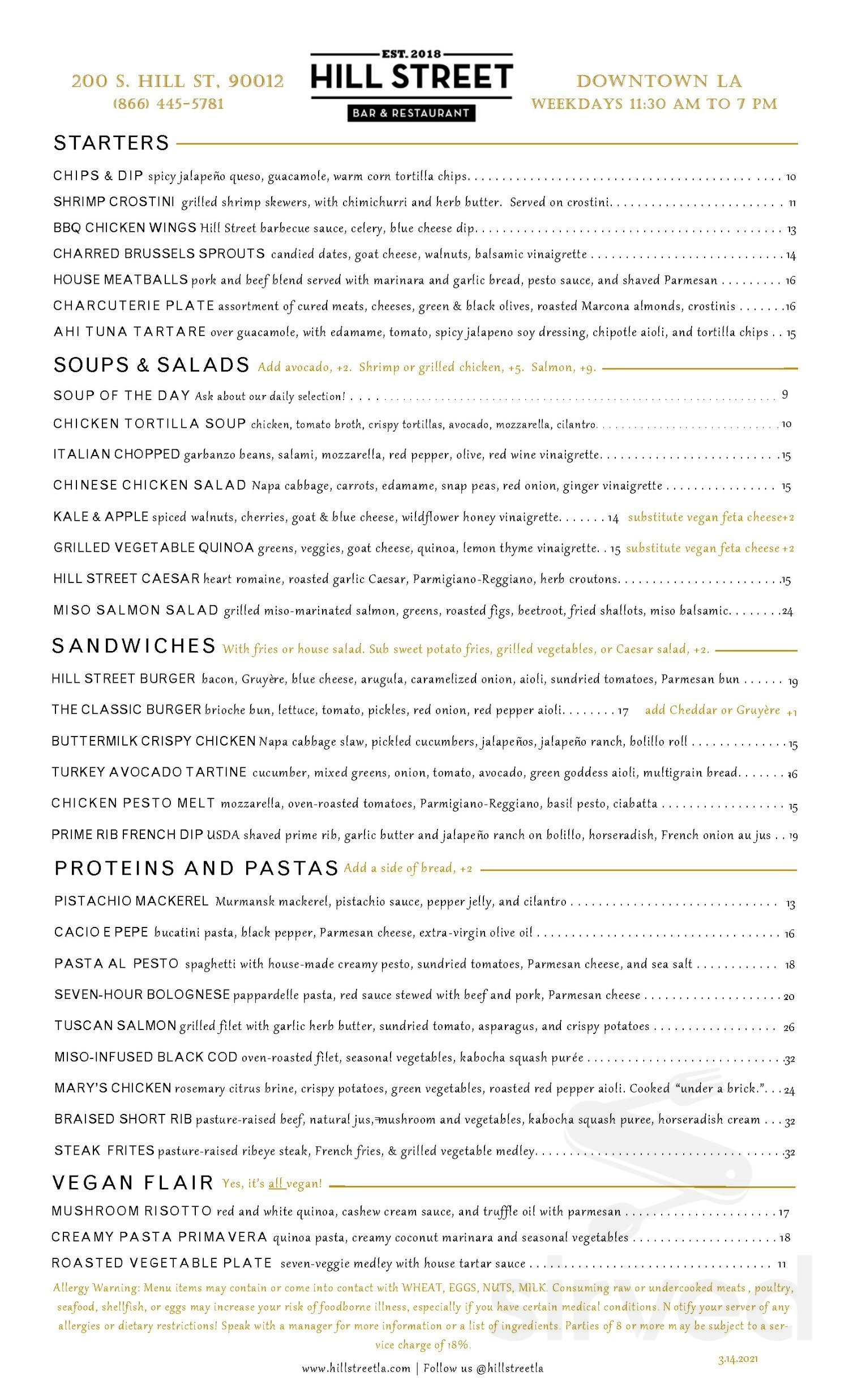 Hill Street Bar & Restaurant menu in Los Angeles, California, USA
