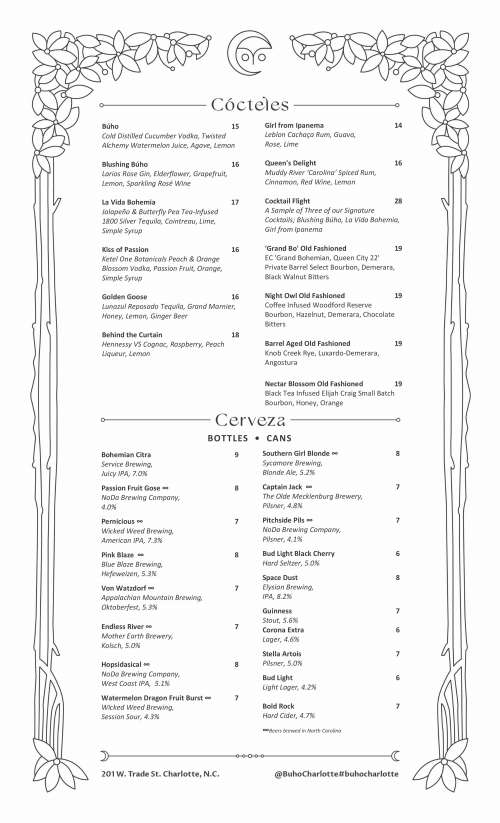 Búho Bar menu in Charlotte, North Carolina, USA