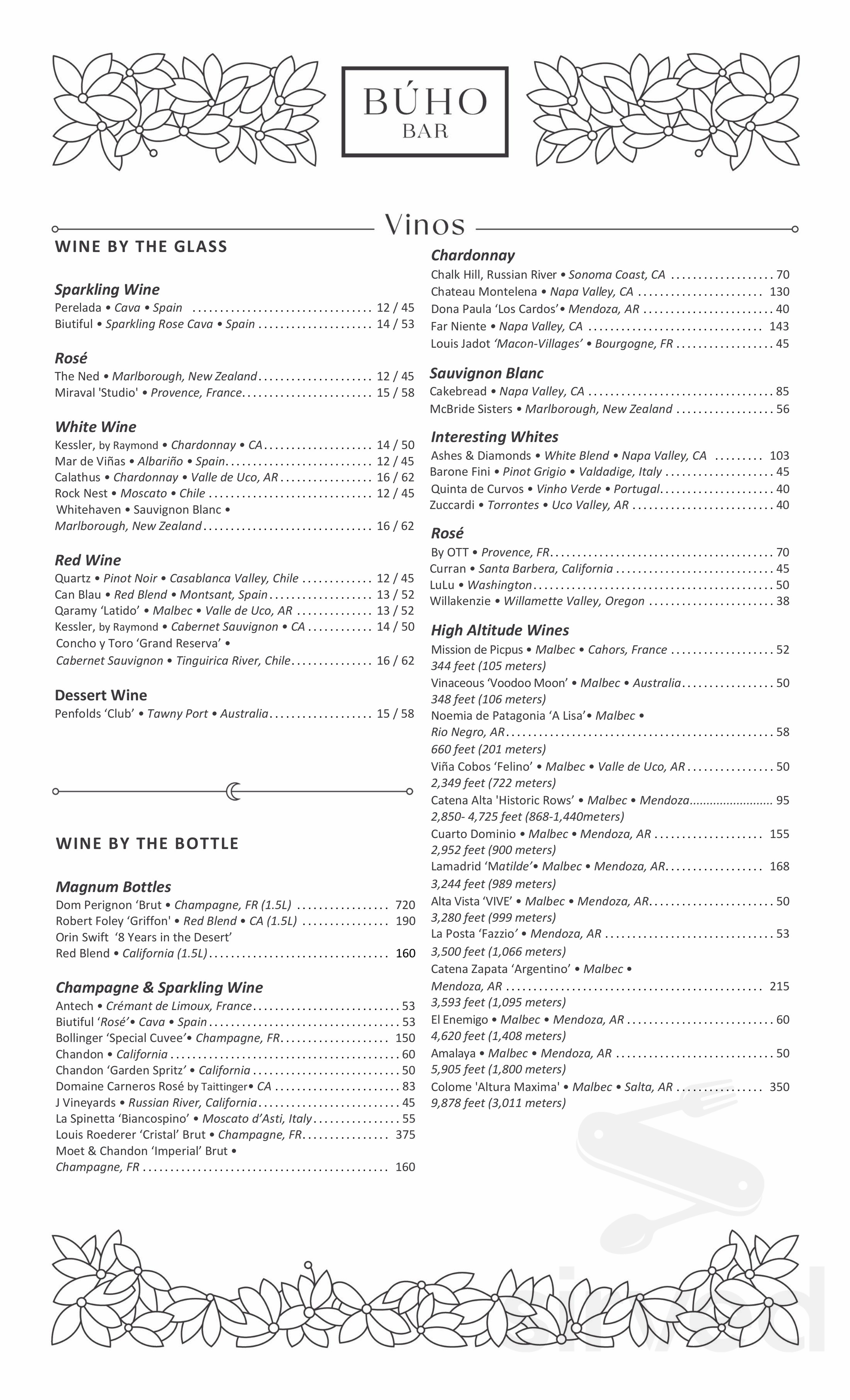 Búho Bar menu in Charlotte, North Carolina, USA