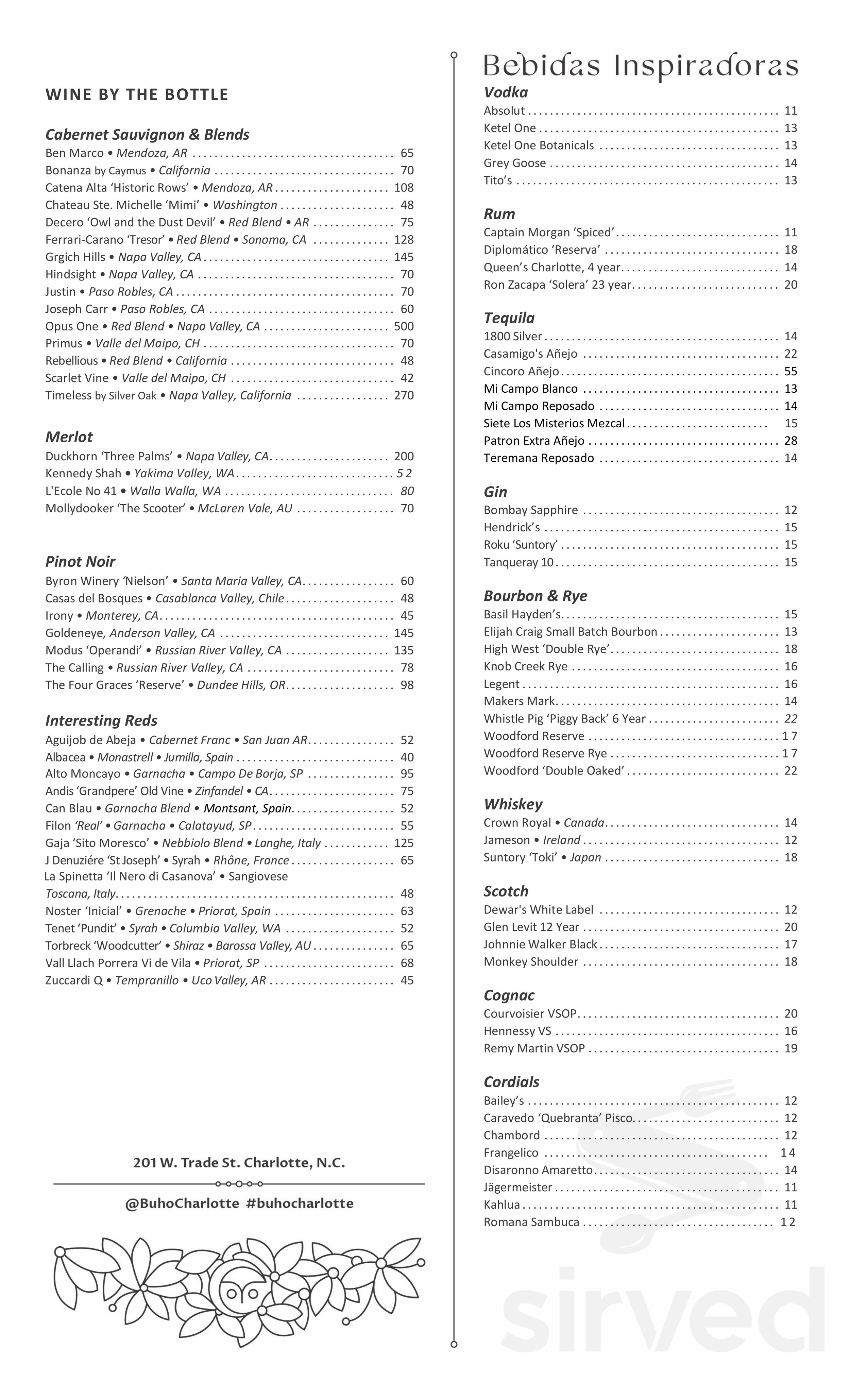 Búho Bar menu in Charlotte, North Carolina, USA