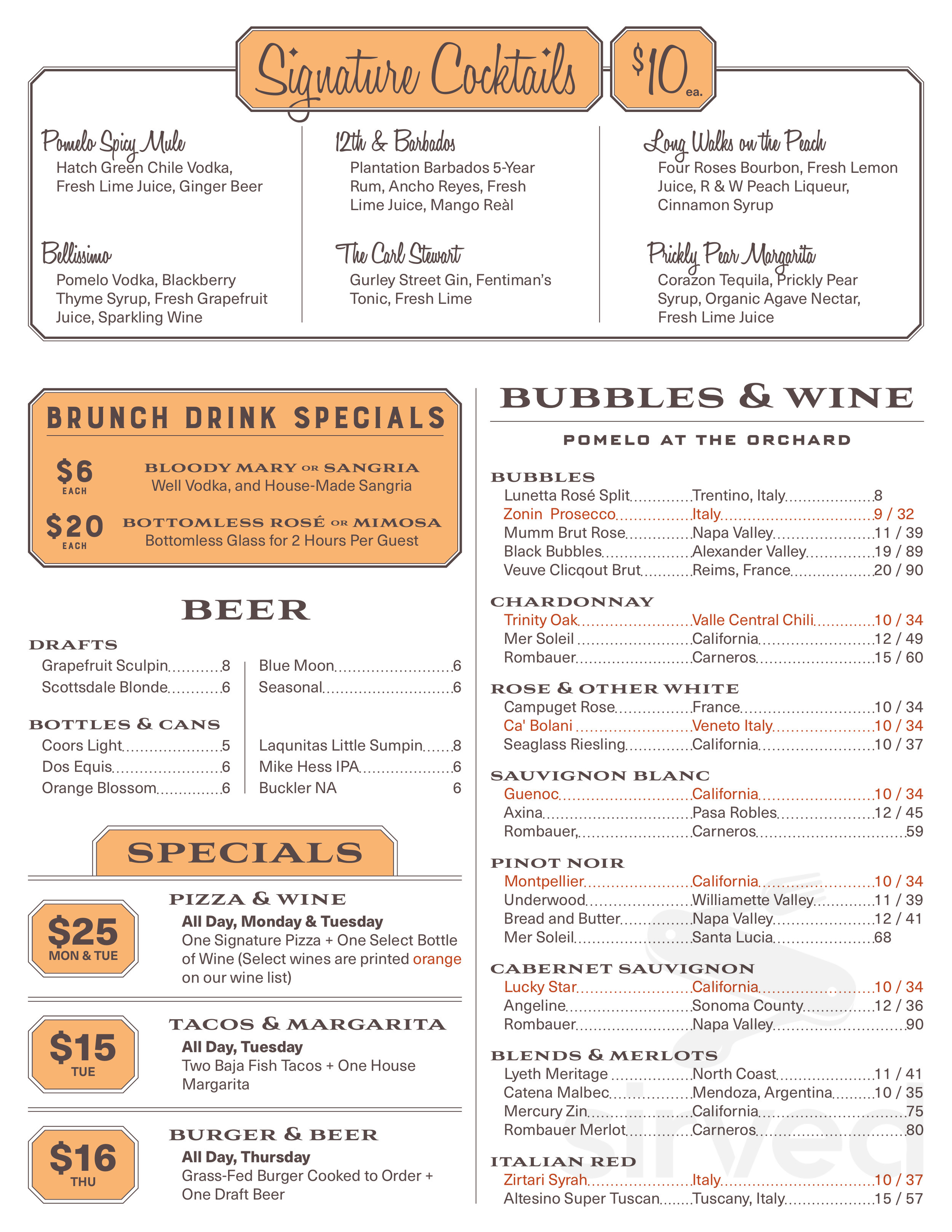 Orchard Tavern menus in Phoenix, Arizona, United States