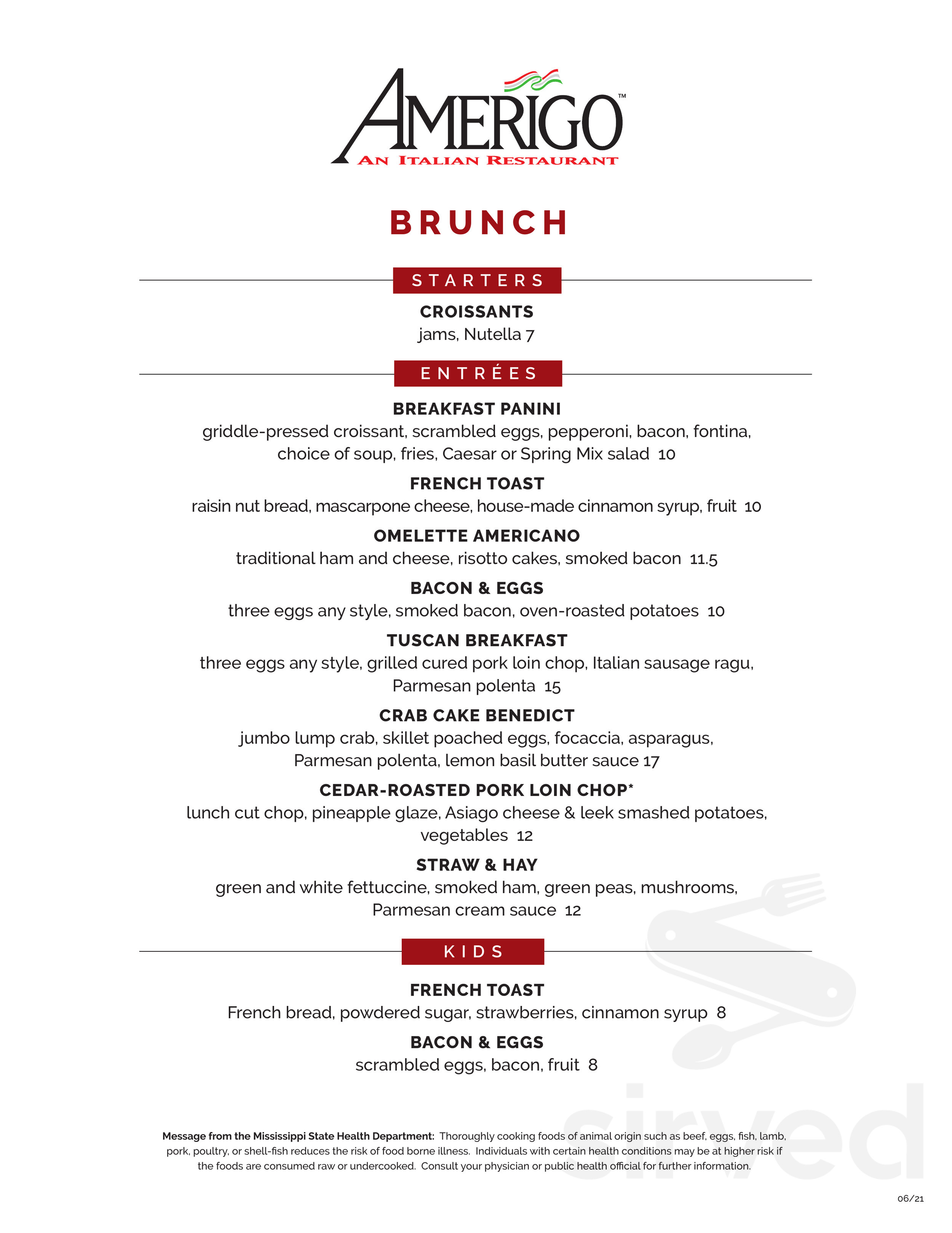 Menu - Memphis TN's Amerigo Italian Restaurant | Sirved