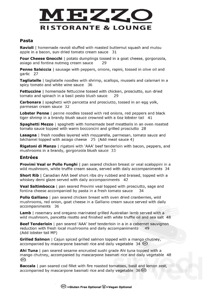 Menu - Windsor ON's Mezzo Ristorante & Lounge | Sirved