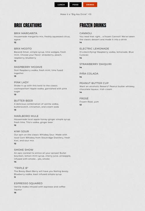 Brix Gastropub menu in Marlboro, New York, USA