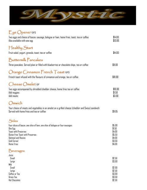 Mystic Dining Room menu in Gander, Newfoundland and Labrador, Canada