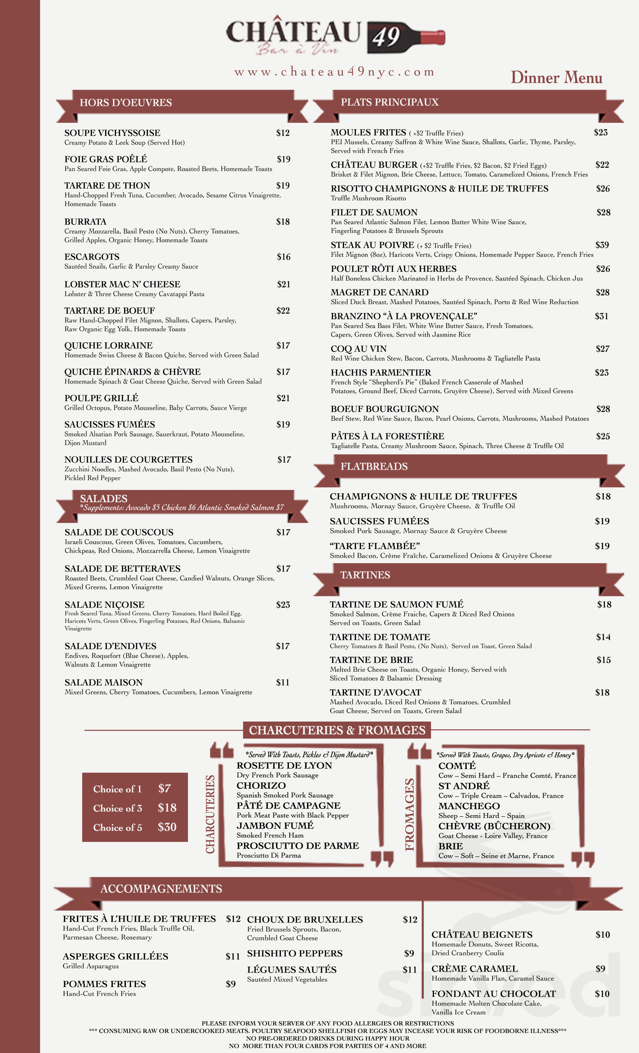 Château 49 menu in New York, New York, USA