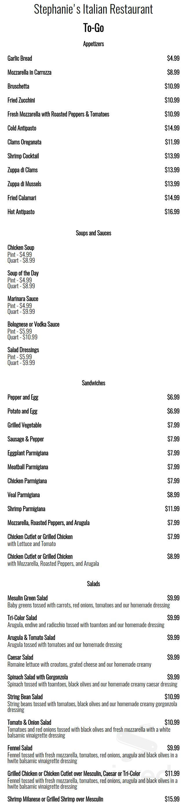 Stephanie's Italian Restaurant menu in Caldwell, New Jersey, USA