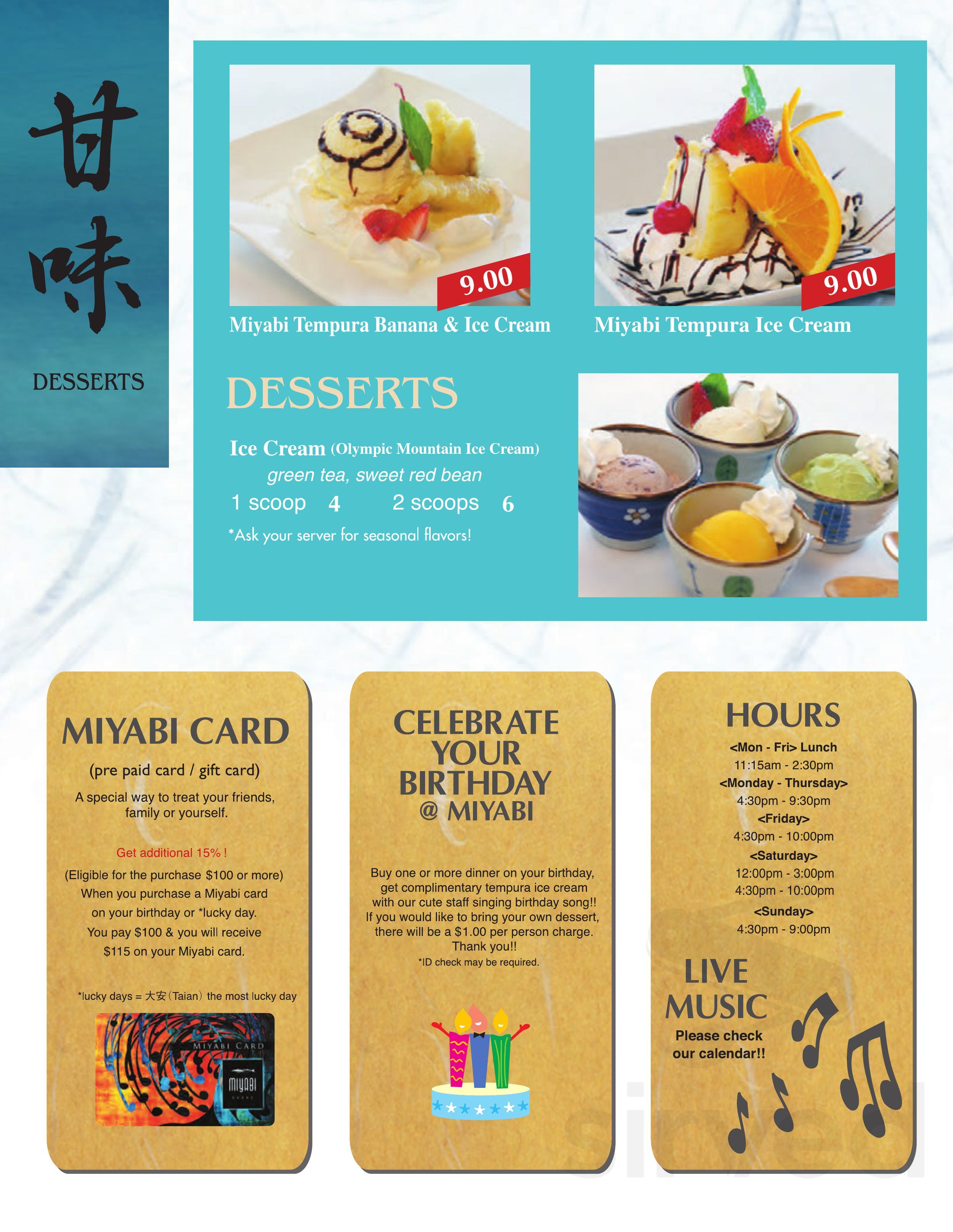 Miyabi Sushi menu in Tukwila, Washington, USA