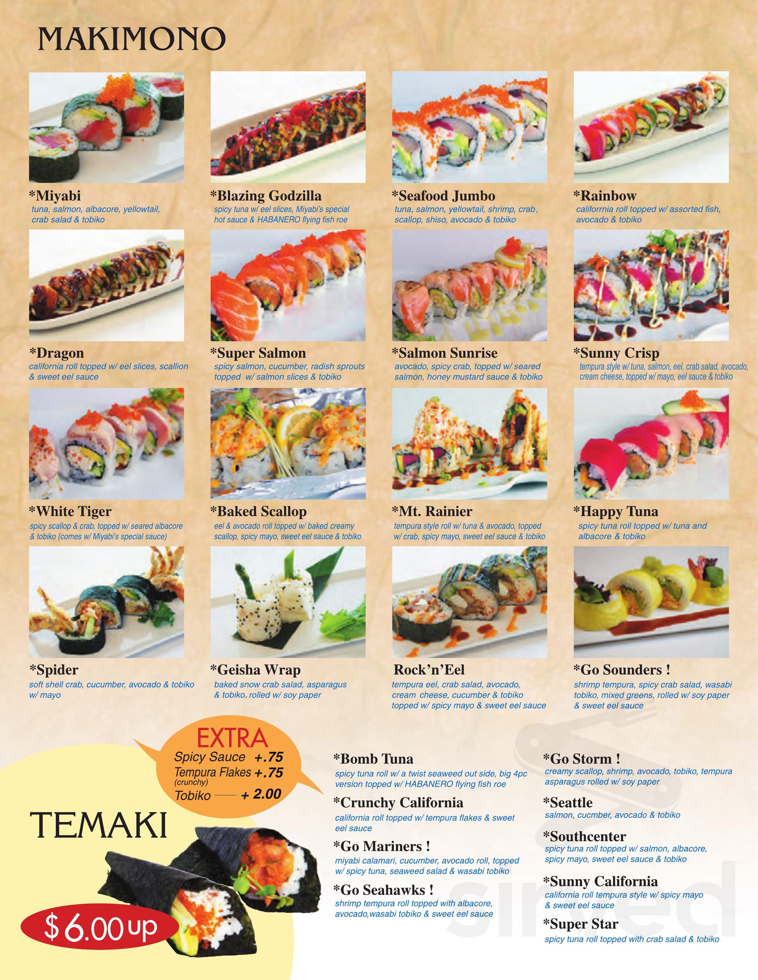 Miyabi Sushi menu in Tukwila, Washington, USA