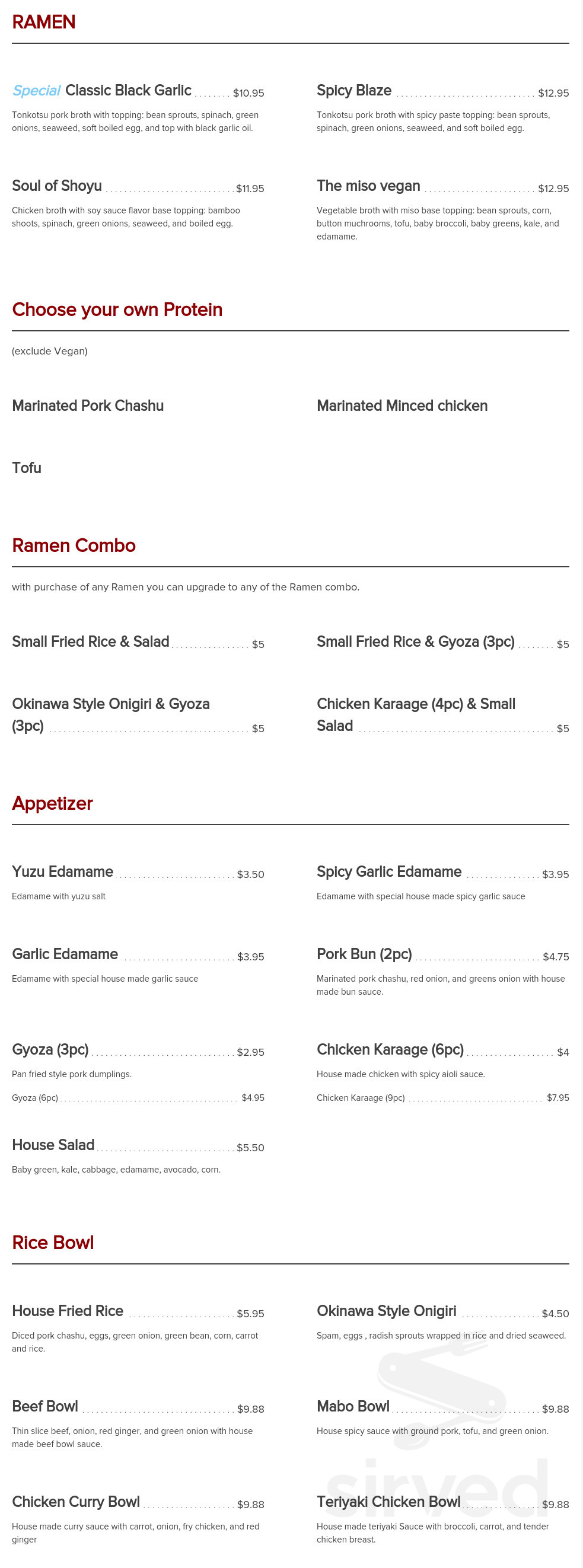 Ramen Yamachan menu in San Diego, California, USA