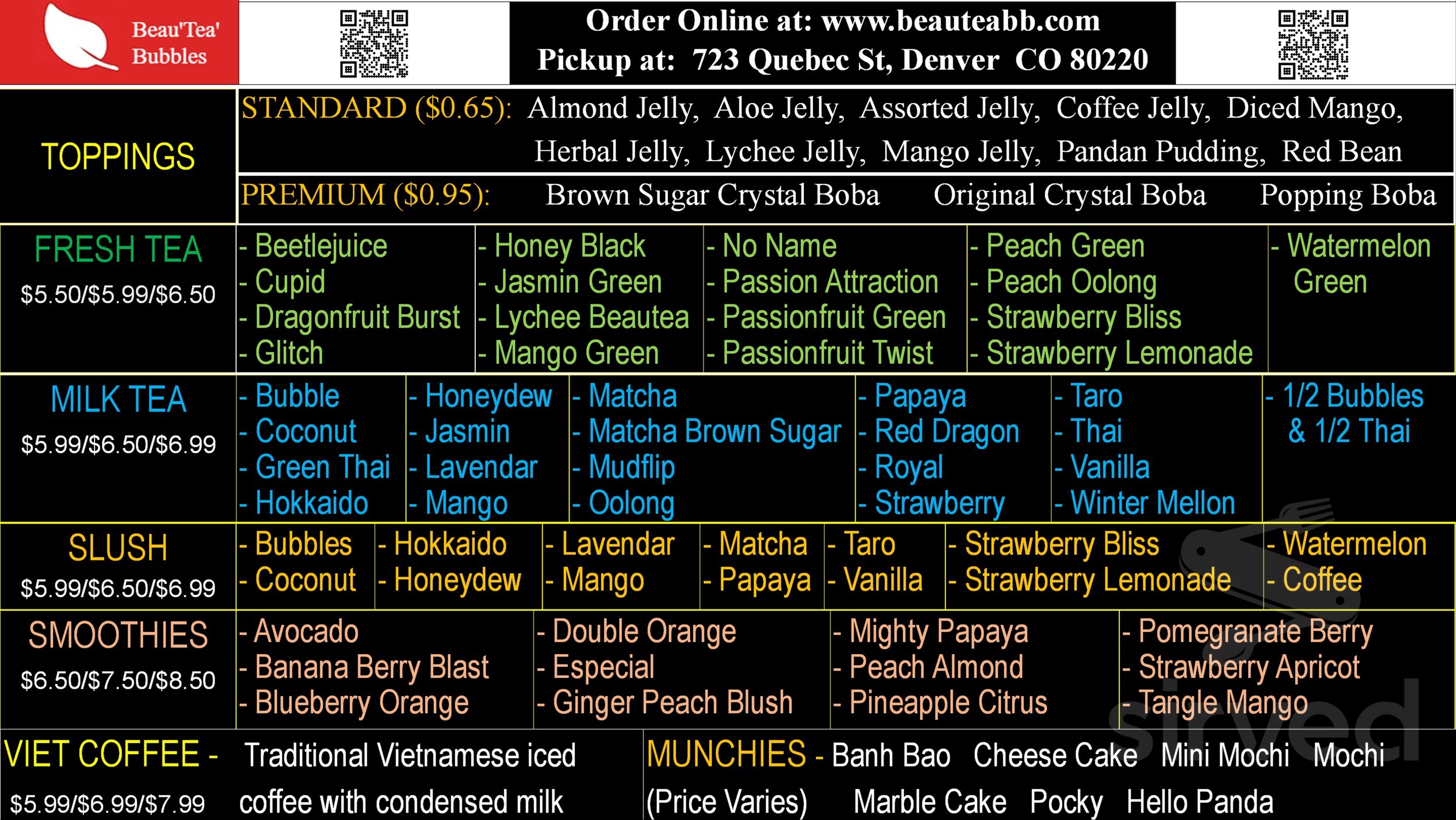BeauTea Bubbles menu in Denver, Colorado, USA