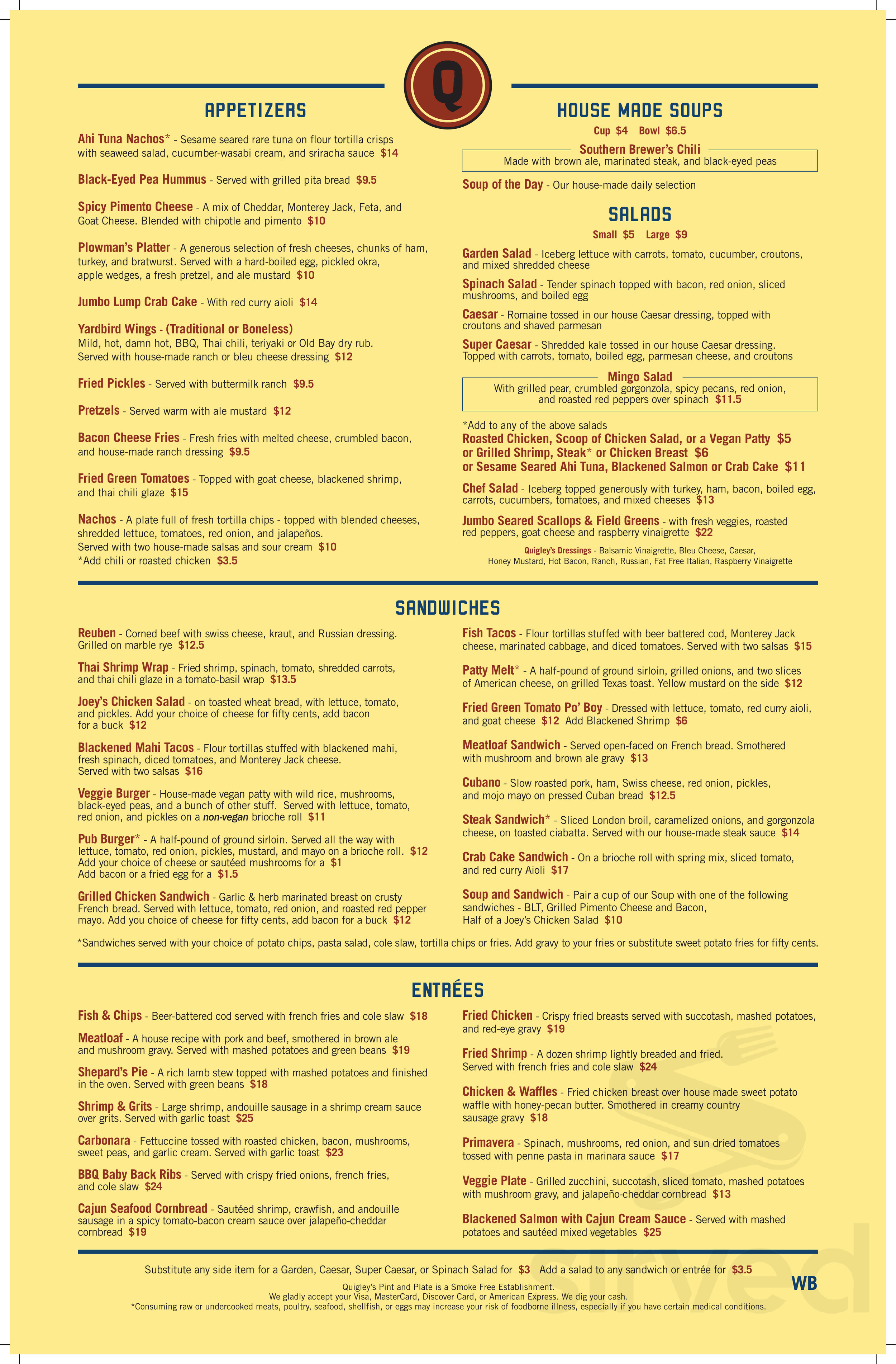 Menu for Quigley's Pint & Plate in Pawleys Island, SC | Sirved