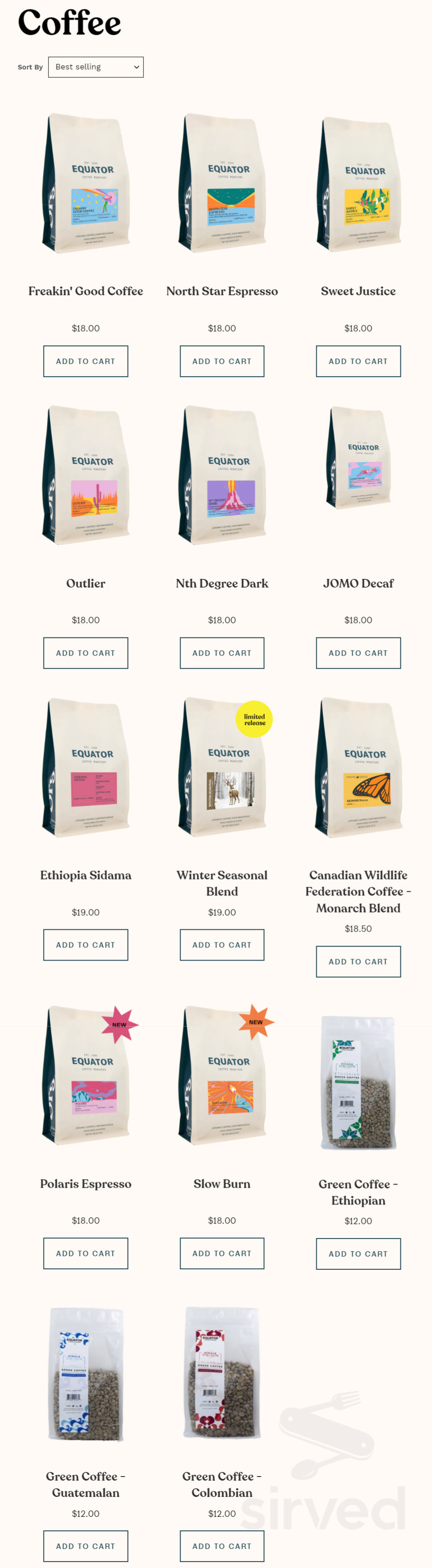 Equator Coffee NAC/CNA menu in Ottawa, Ontario, Canada