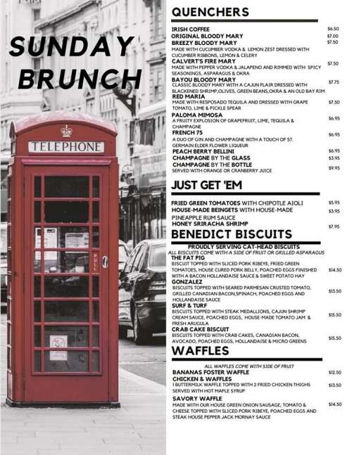 Calvert's in the Heights menu in Pensacola, Florida, USA