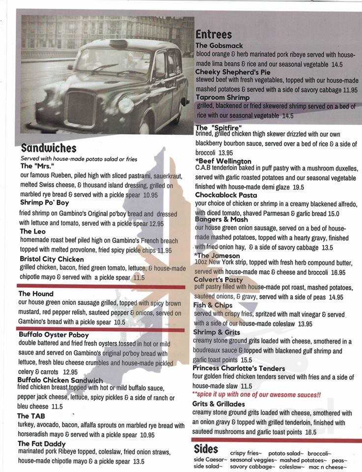 Calvert's in the Heights menu in Pensacola, Florida, USA