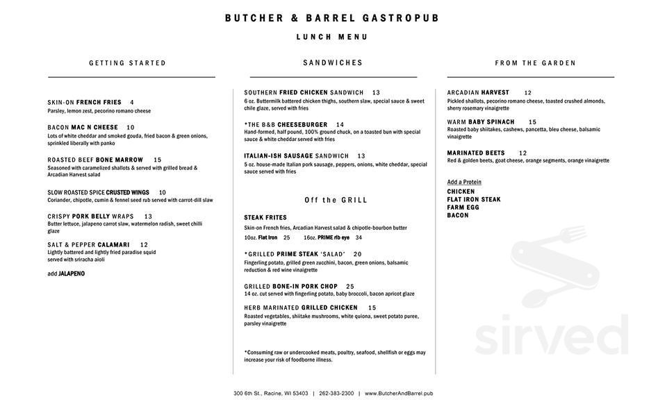 Butcher & Barrel Gastropub menu in Racine, Wisconsin, USA