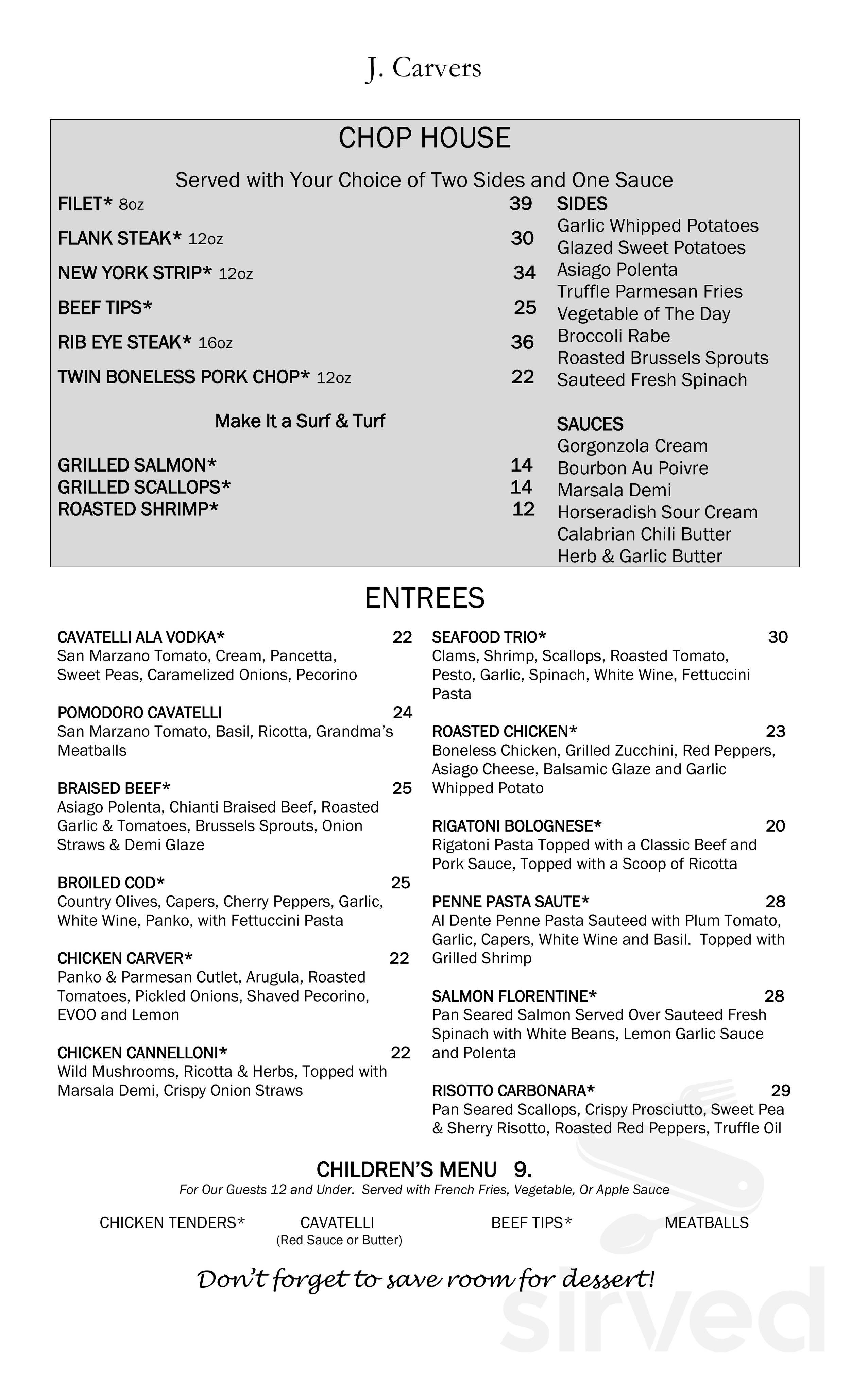 J. Carvers Restaurant menu in Wallingford, Connecticut, USA
