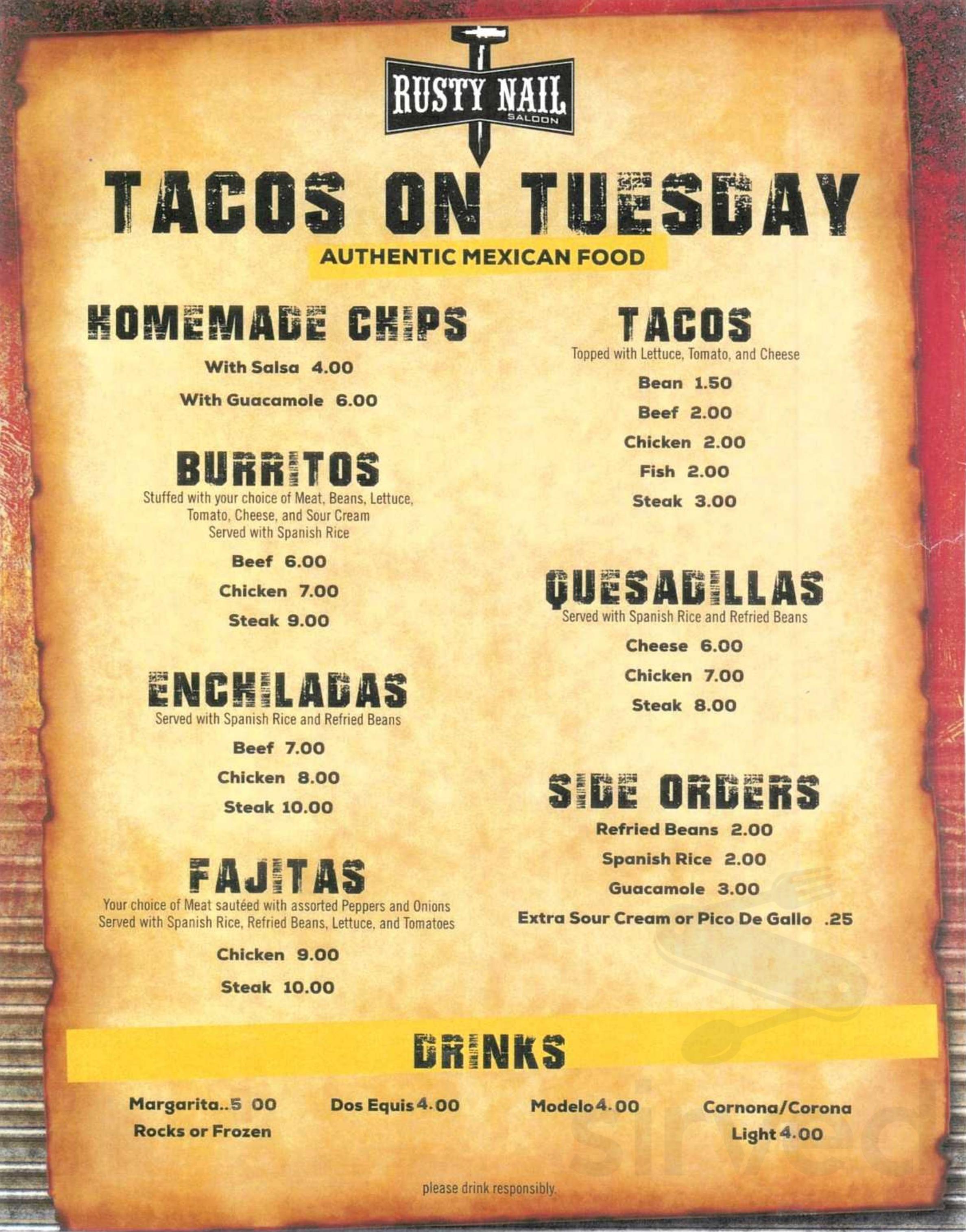 Rusty Nail Saloon menu in Ringwood, Illinois, USA