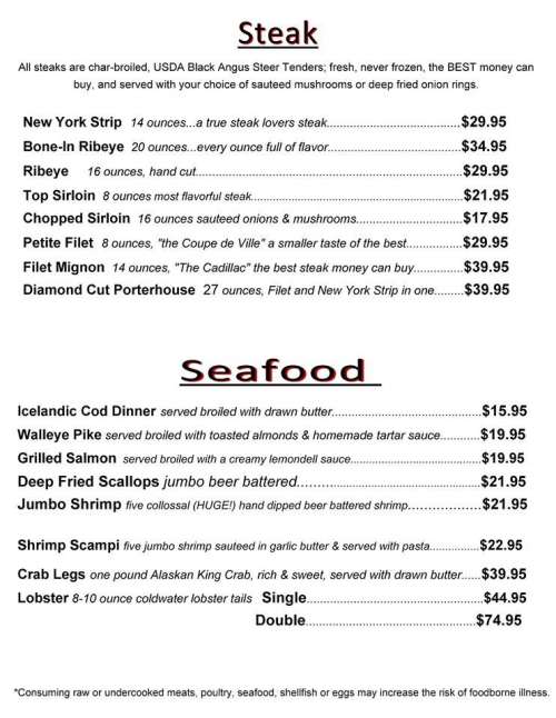 Diamond Jim's Steakhouse menu in Hales Corners, Wisconsin, USA