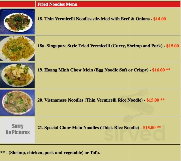Pho Hoang Minh Restaurant menu in Dartmouth, Nova Scotia, Canada