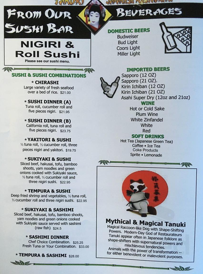 Tanuki Sushi Bar & Garden menu in Sierra Vista, Arizona, USA