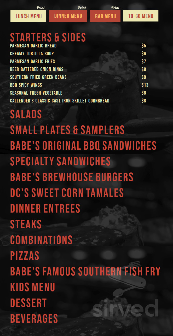Babe's Bar-B-Que & Brewery menu in Rancho Mirage, California, USA