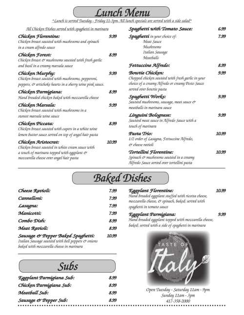 Taste of Italy menu in Carthage, Missouri, USA
