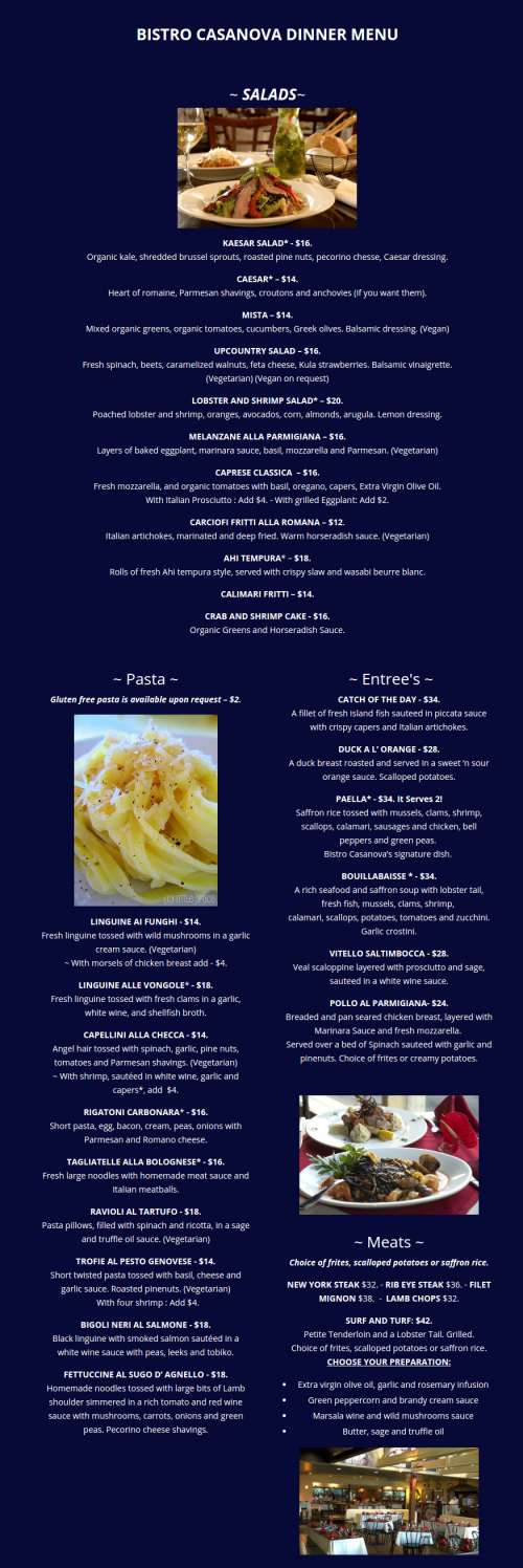 Bistro Casanova menu in Kahului, Hawaii, USA