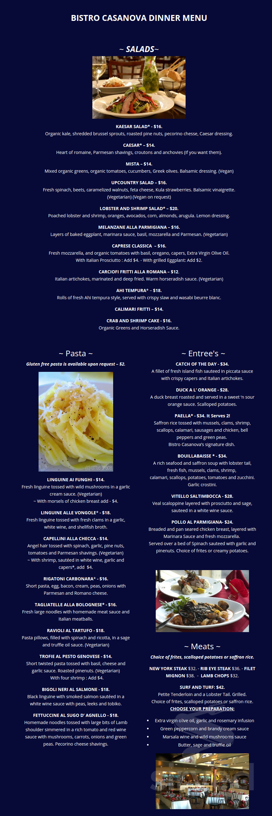 Bistro Casanova menu in Kahului, Hawaii, USA