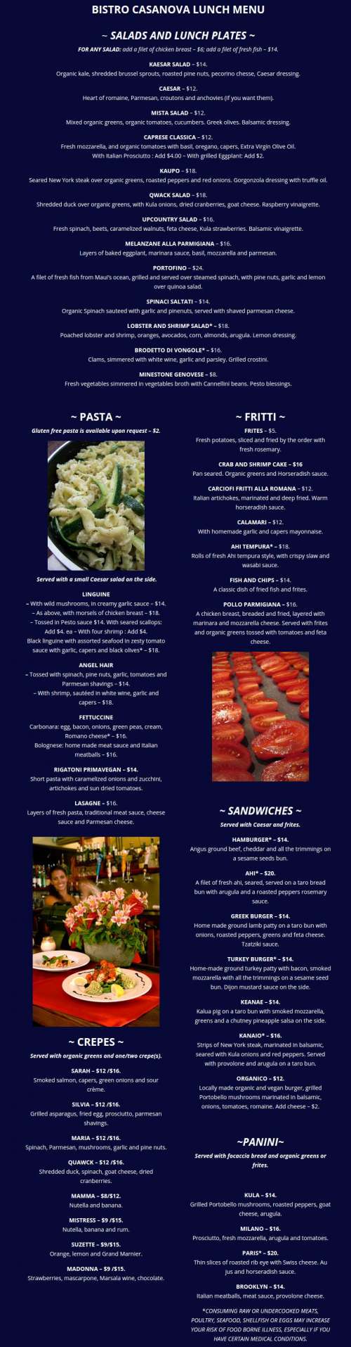 Bistro Casanova menu in Kahului, Hawaii, USA