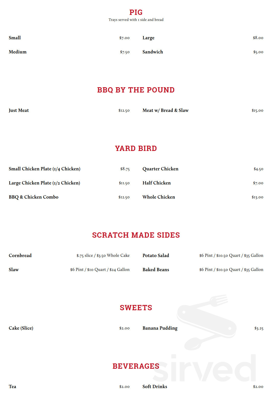 Menu for The Skylight Inn in Ayden, NC | Sirved