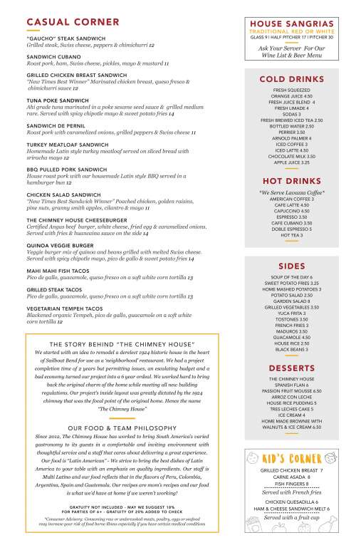 The Chimney House - Grill & Cafe menu in Fort Lauderdale, Florida, USA