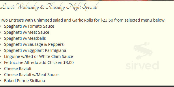 Menu for Lucio’s Restaurant in Franklin, NC | Sirved