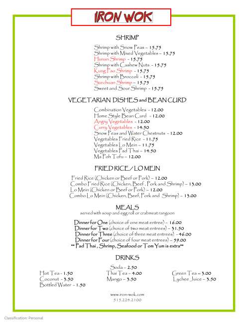 Iron Wok menu in West Des Moines, Iowa, USA